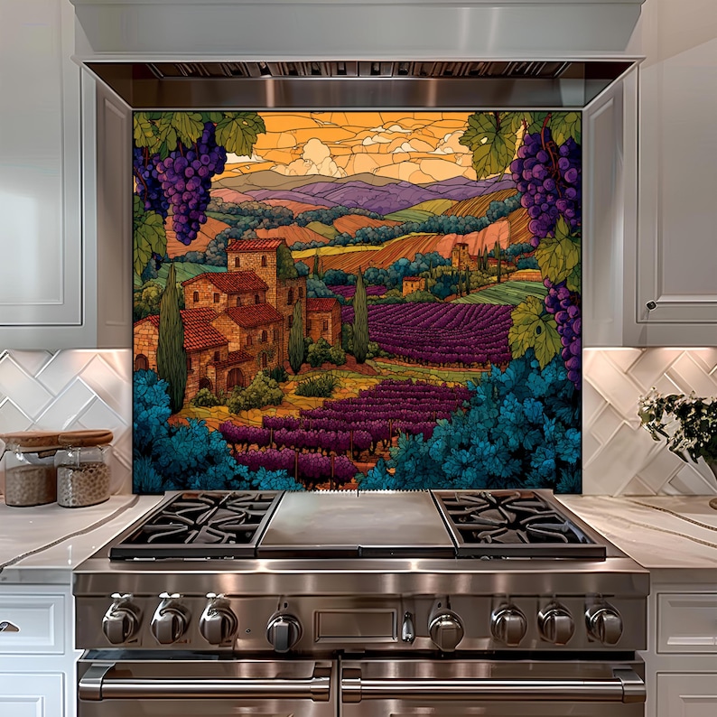 Tempered Glass Backsplash, Tuscan Vineyard Landscape With Grapes ...