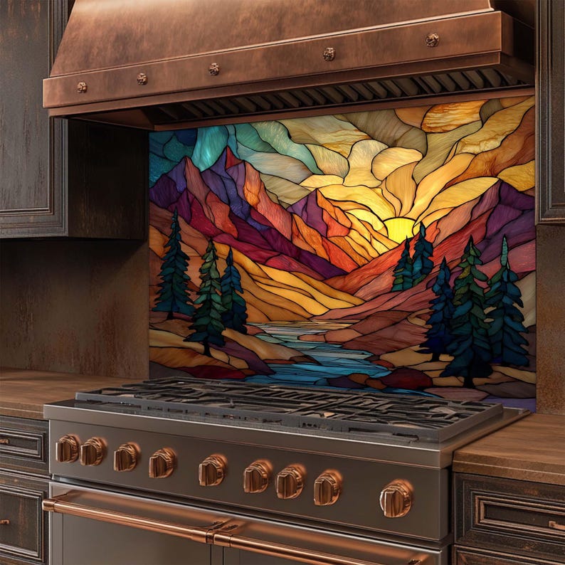 Tempered Glass Backsplash, Mountain Sunrise Glass Backsplash, Kitchen ...