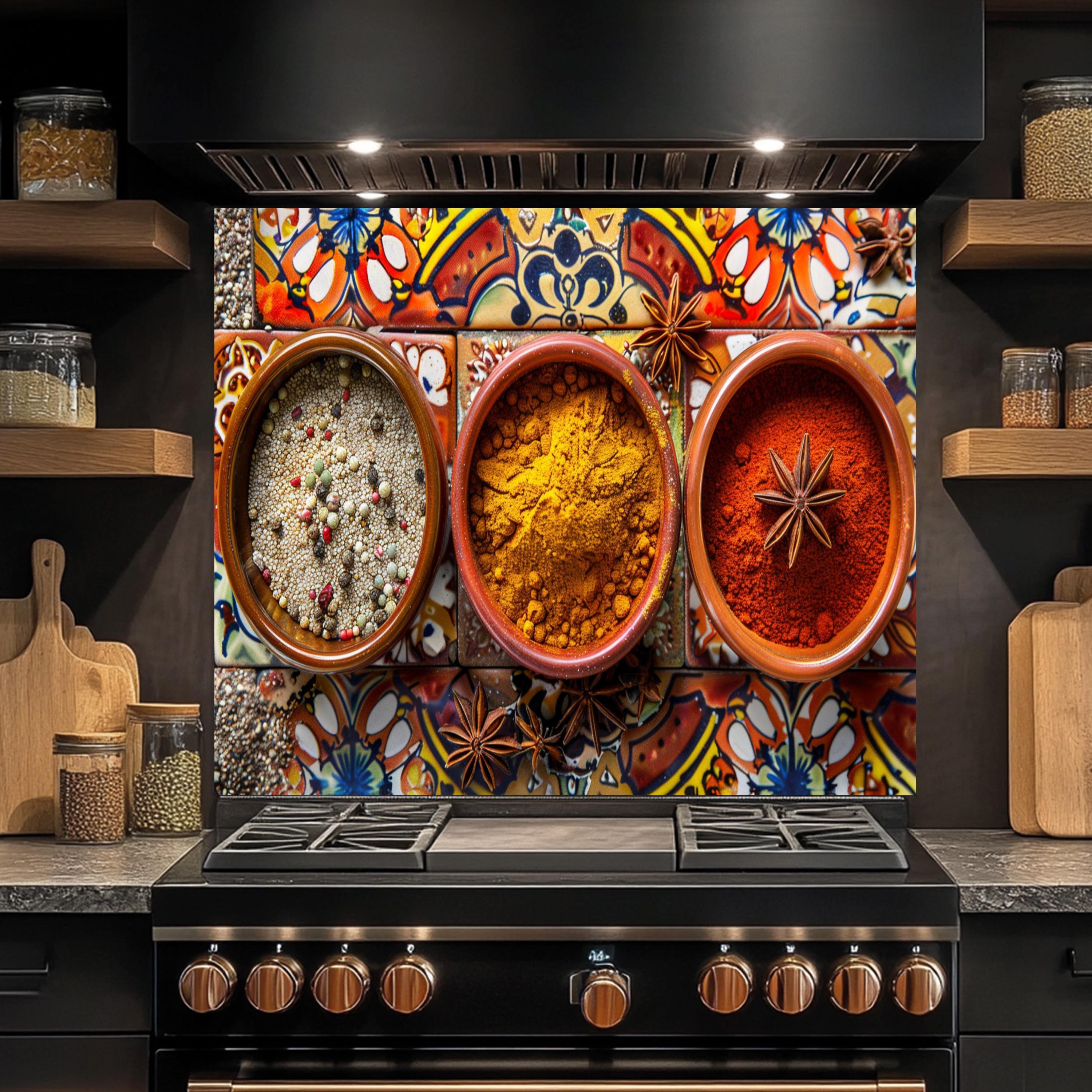 Spices on Tiles Glass Backsplash, Tempered Glass Backsplash, Rustic ...