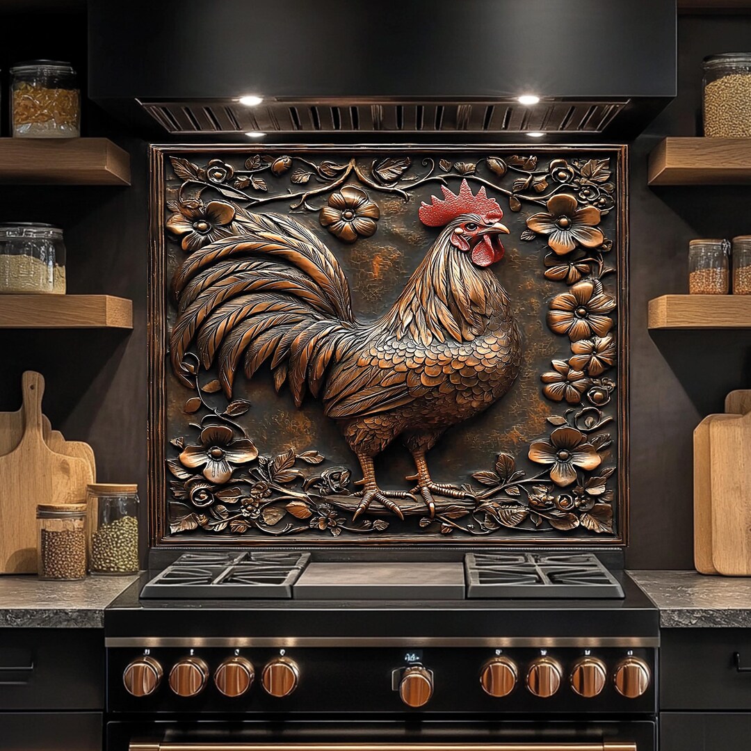 Rooster Tempered Glass Backsplash for Kitchen, Rustic Glass Backsplash ...