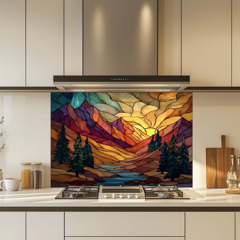 Tempered Glass Backsplash, Mountain Sunrise Glass Backsplash, Kitchen ...
