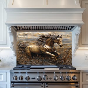 Horse Tempered Glass Backsplash, Majestic Copper Look Kitchen ...