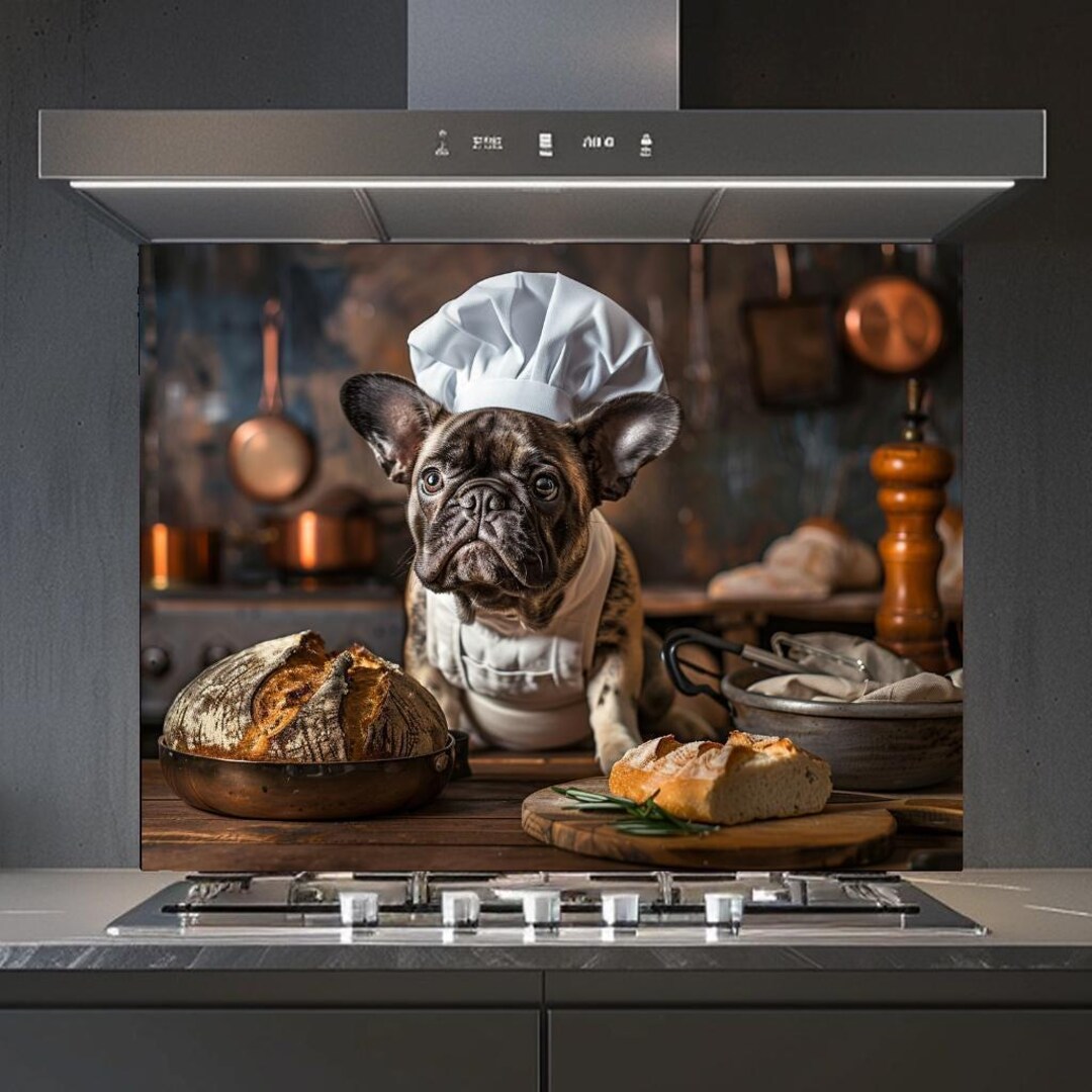 French Bulldog Chef Tempered Glass Backsplash, Dog Lover Kitchen Decor ...