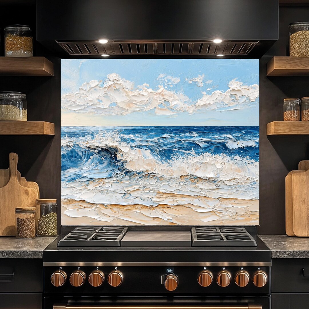 Ocean Wave Glass Backsplash, Tempered Glass Backsplash, Kitchen Glass ...