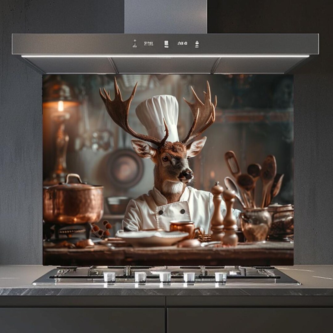 Chef Deer Tempered Glass Backsplash, Rustic Animal Kitchen Decor ...