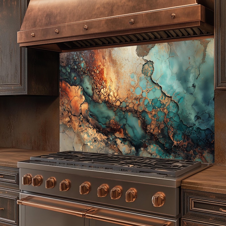 Tempered Glass Backsplash, Copper Look Glass Backsplash, Rustic ...