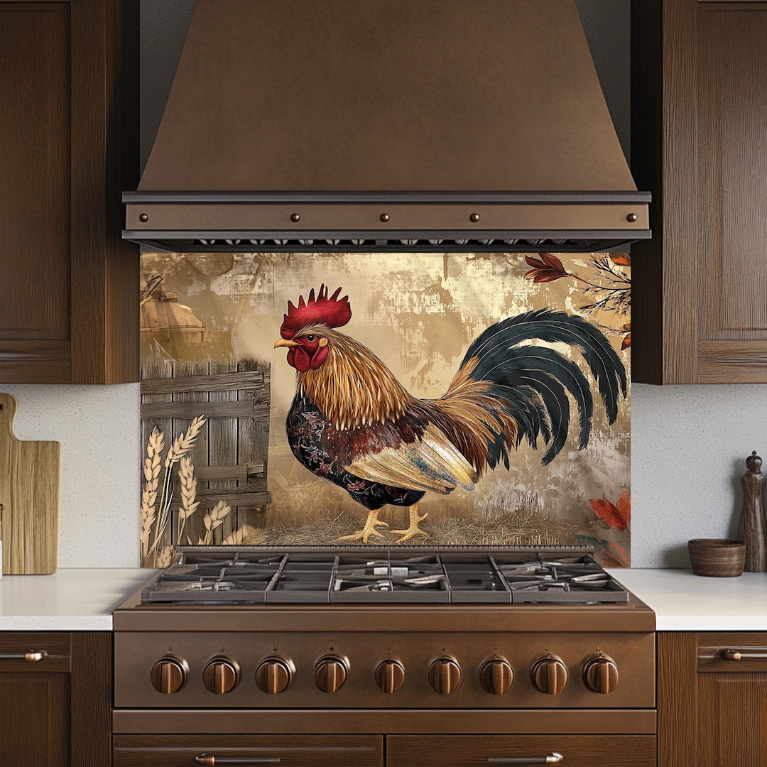 Tempered Glass Kitchen Backsplash, Farmhouse Rooster Glass Backsplash ...