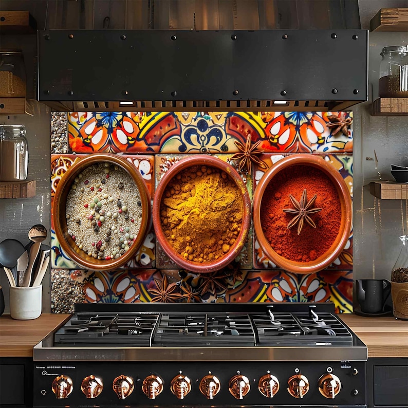 Spices on Tiles Glass Backsplash, Tempered Glass Backsplash, Rustic ...