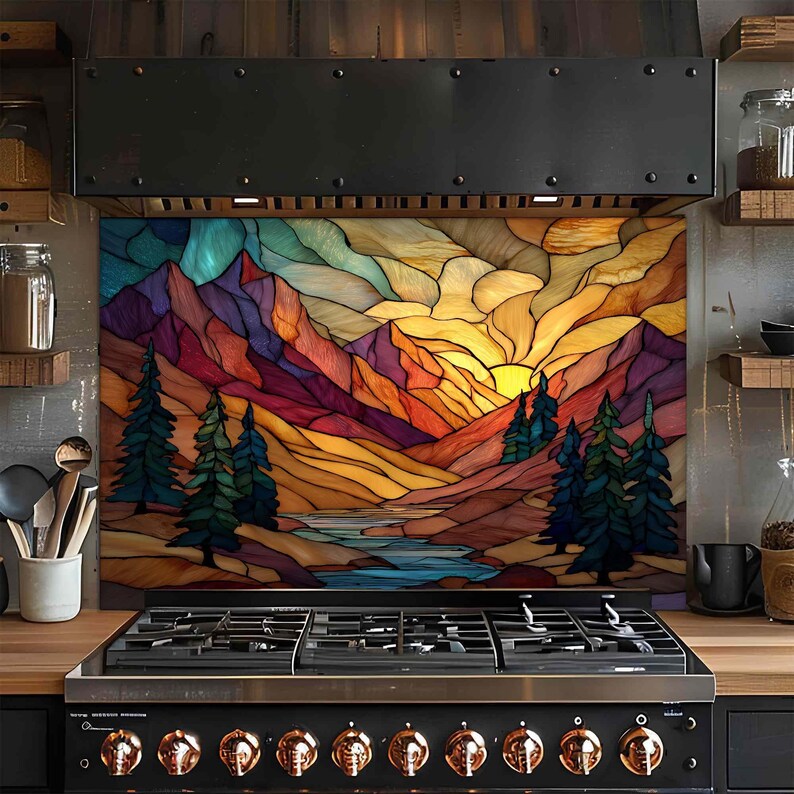 Tempered Glass Backsplash, Mountain Sunrise Glass Backsplash, Kitchen ...