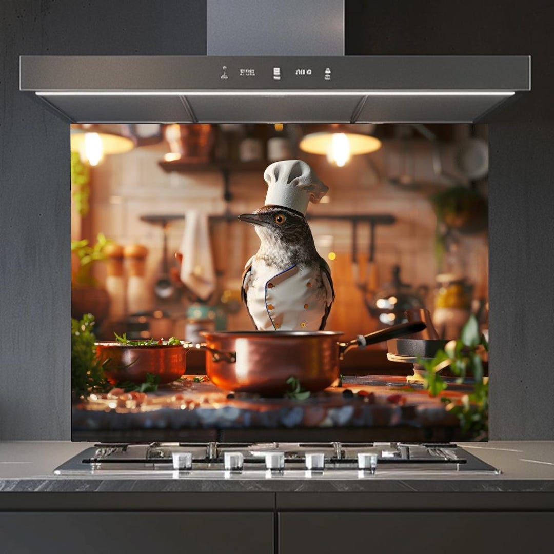 Chef Bird Tempered Glass Backsplash, Whimsical Animal Kitchen Decor ...