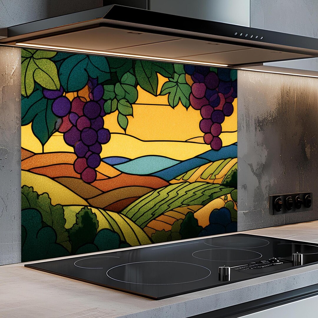Tempered Glass Backsplash, Golden Vineyard Landscape With Grapes ...