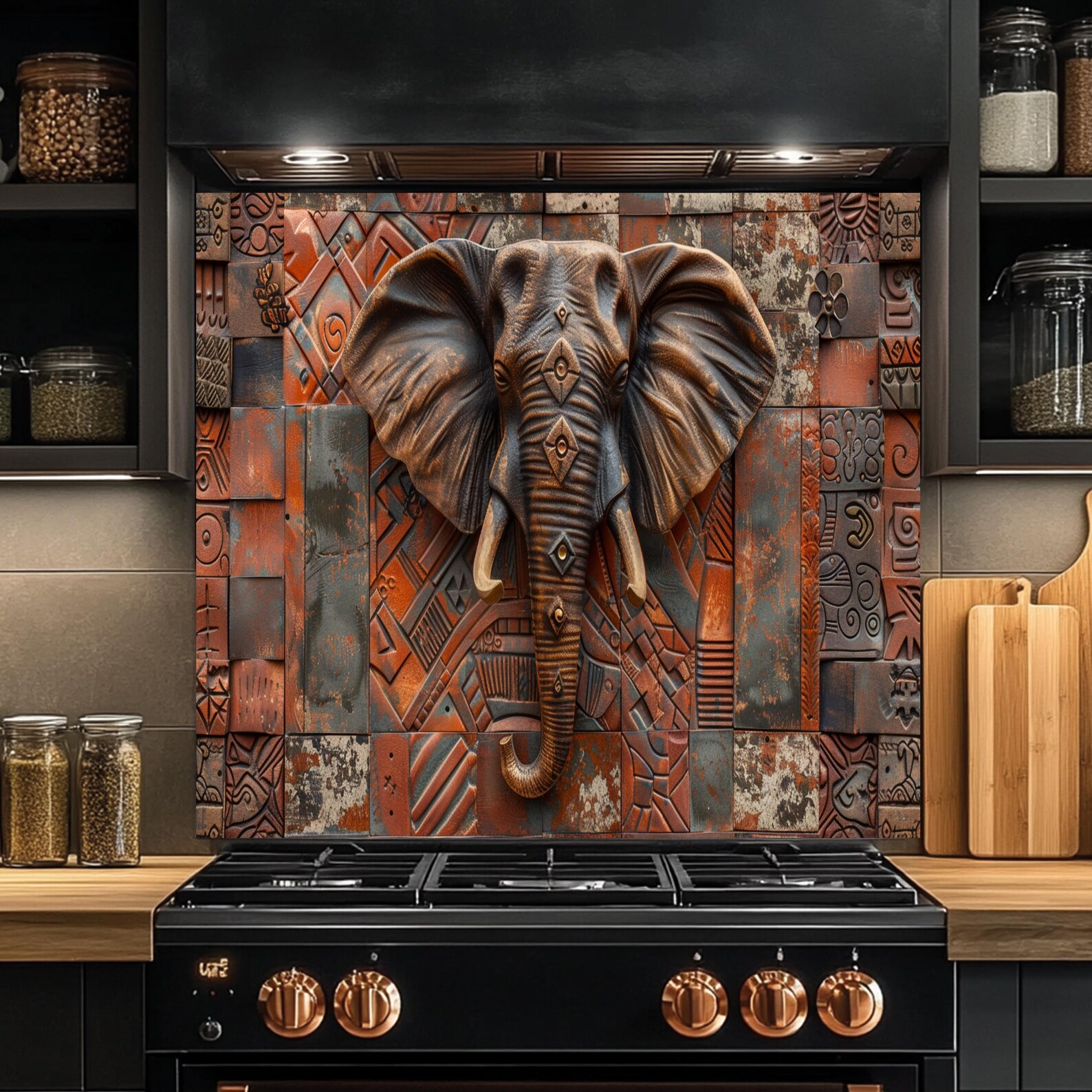 African Elephant Tribal Glass Backsplash, Tempered Glass Backsplash ...