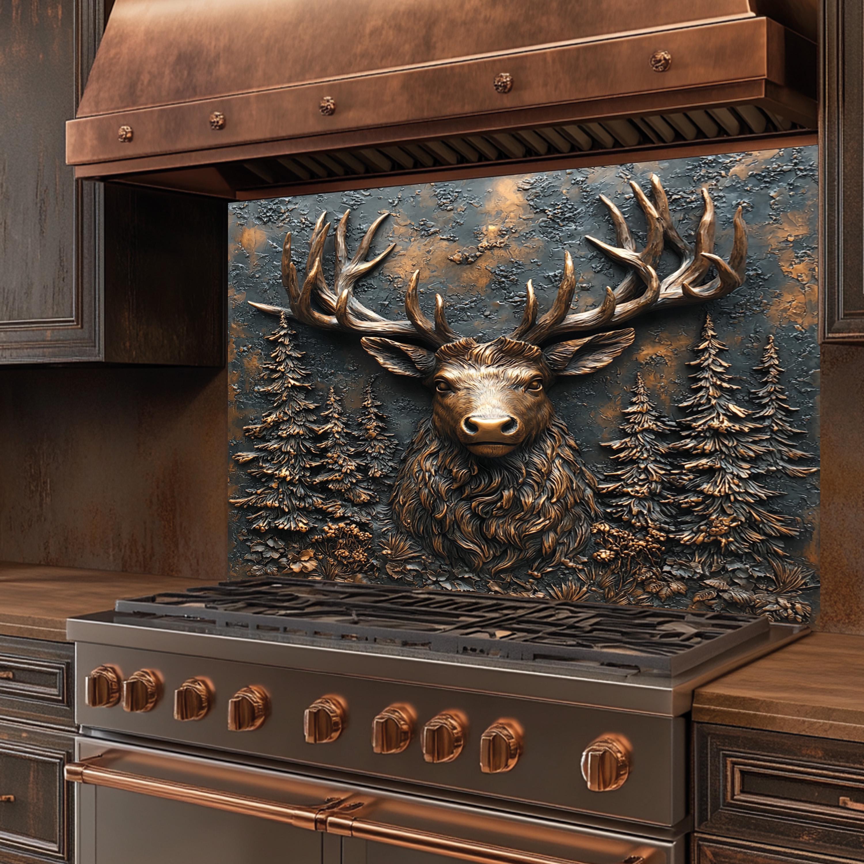 Stag Head Tempered Glass Backsplash, Copper Look Kitchen Backsplash ...