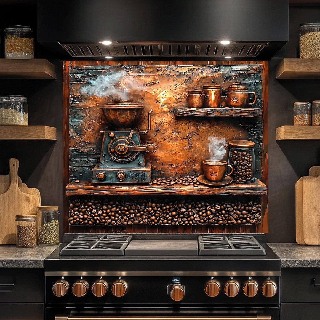 Tempered Glass Backsplash, Rustic Coffee Grinder Kitchen Backsplash ...
