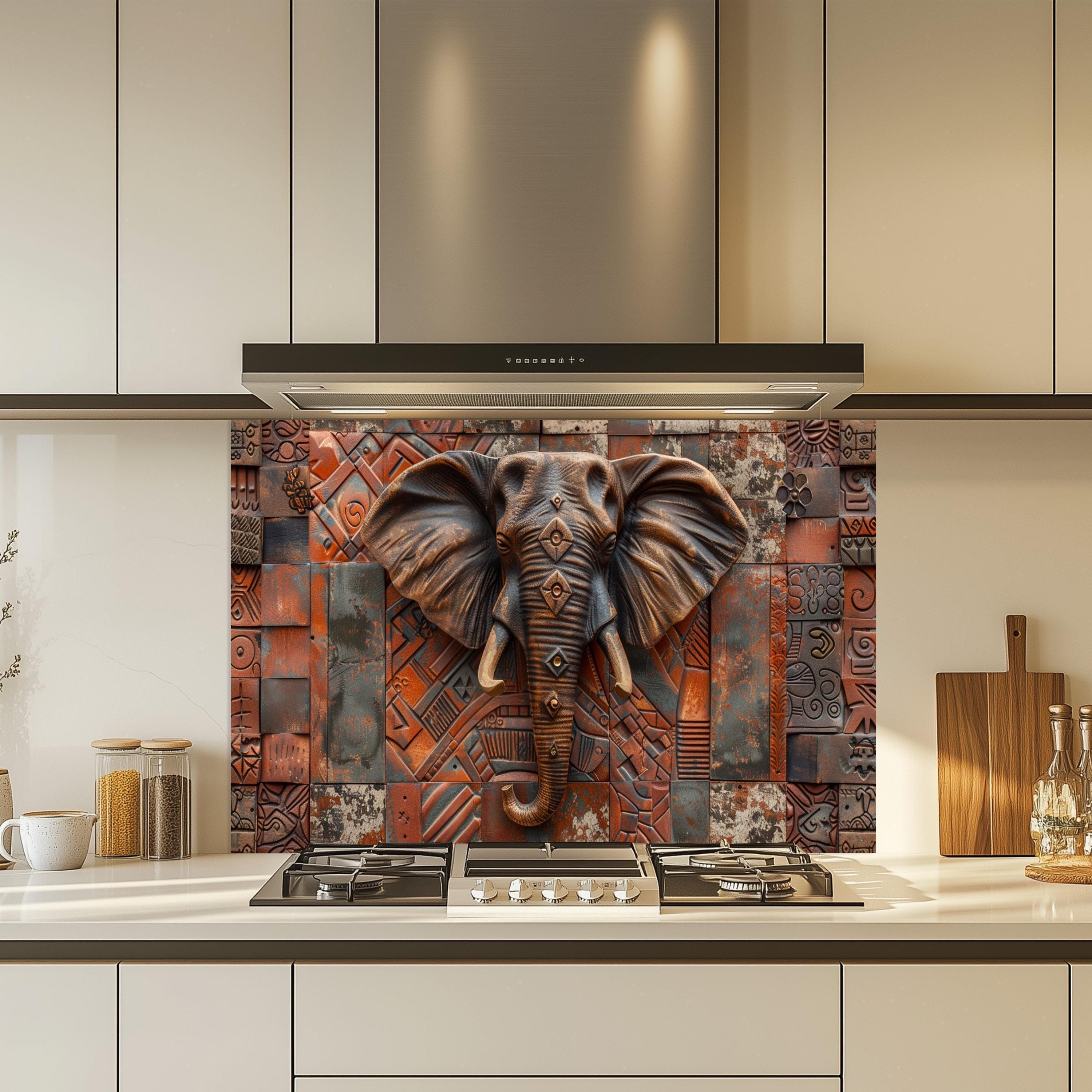 African Elephant Tribal Glass Backsplash, Tempered Glass Backsplash ...