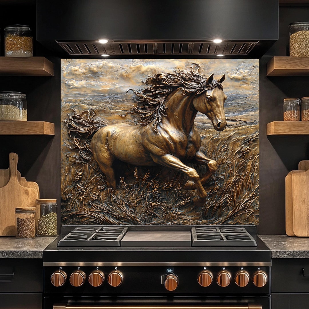 Horse Tempered Glass Backsplash, Majestic Copper Look Kitchen ...