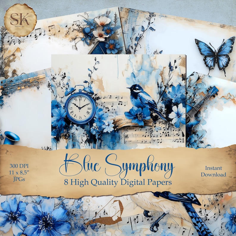 Blue Symphony Junk Journal Pages, Digital Paper, Digital Junk Journal ...