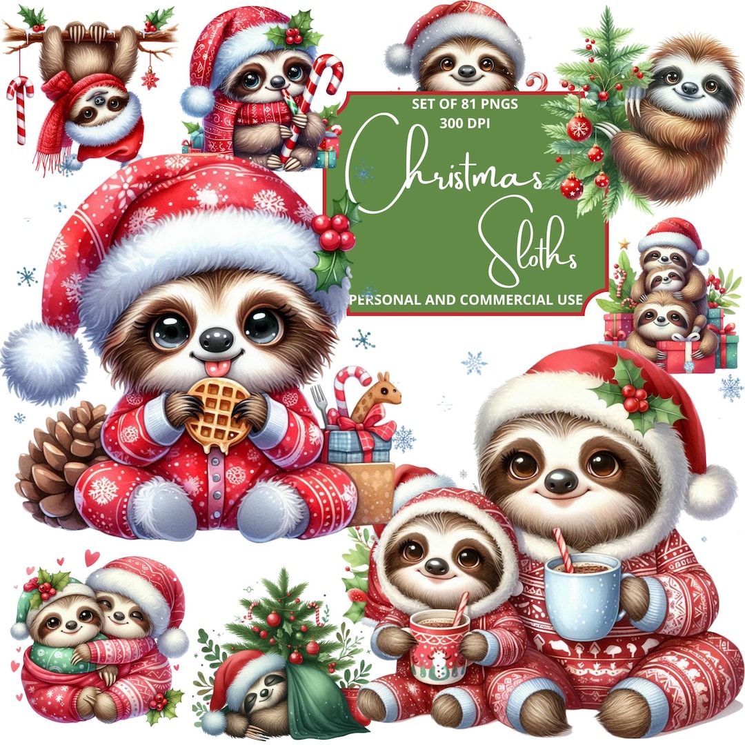 Christmas Sloths Digital Clipart, Watercolor Sloths, Cute Sloths, Baby ...