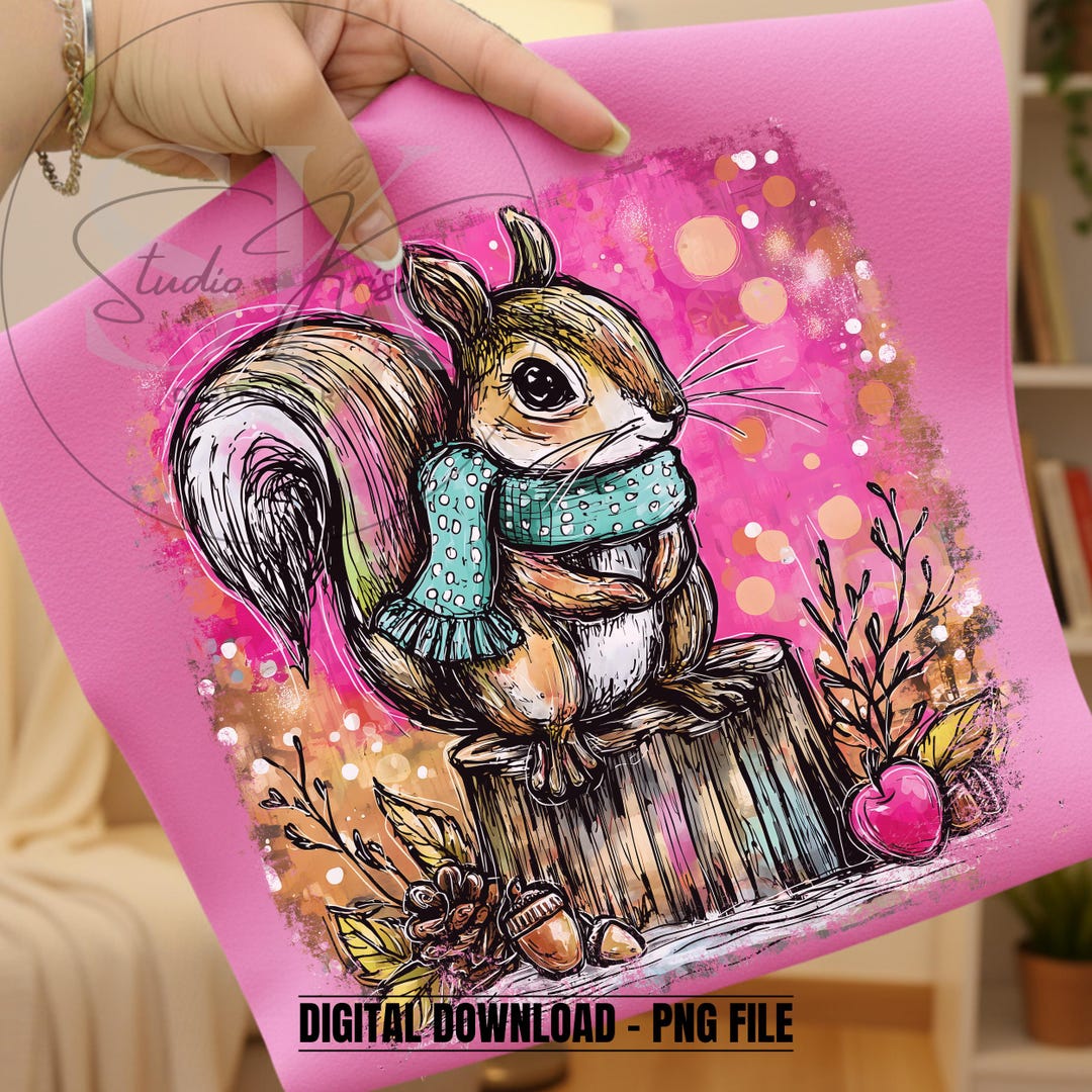 Preppy Autumn Squirrel Sublimation PNG Cute Fall Animal Brushstroke ...