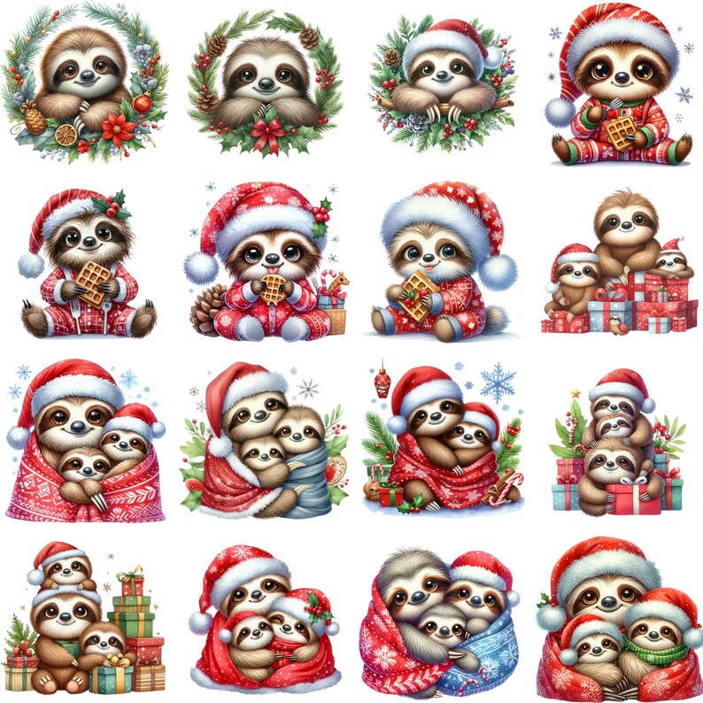 Christmas Sloths Digital Clipart, Watercolor Sloths, Cute Sloths, Baby ...