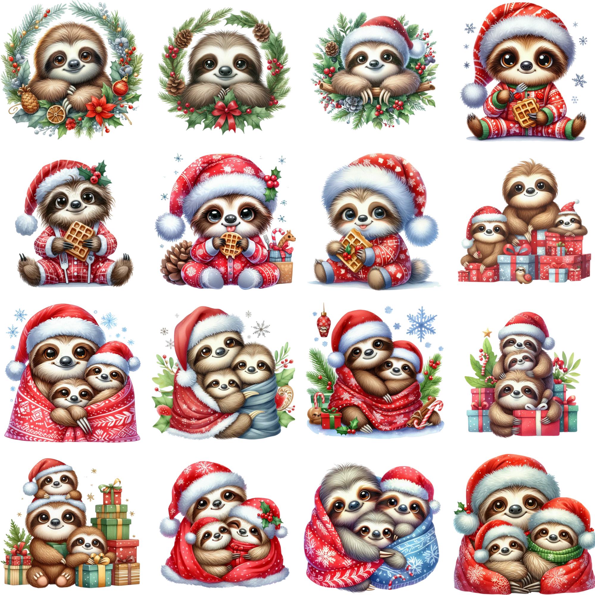 Christmas Sloths Digital Clipart, Watercolor Sloths, Cute Sloths, Baby ...