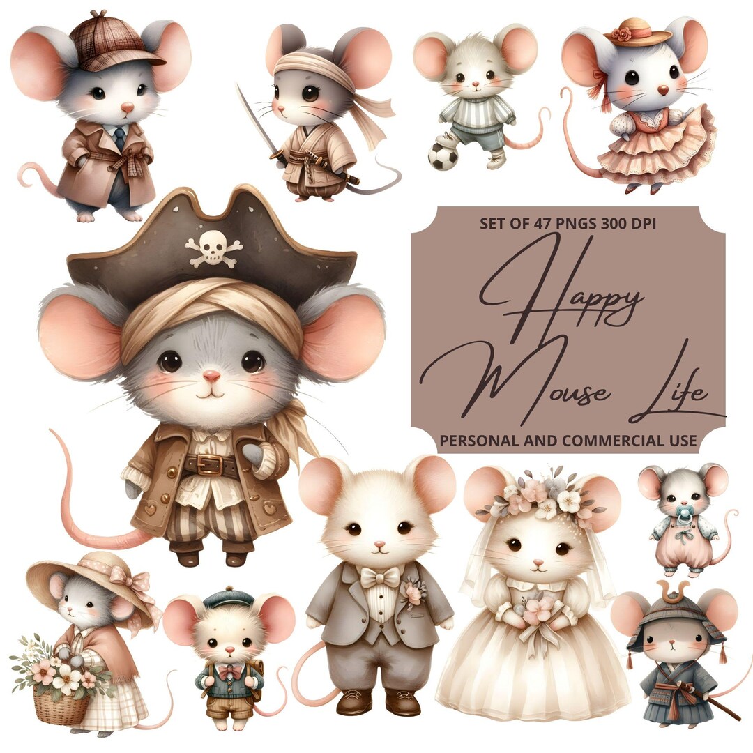 Happy Mouse Life Watercolor Digital Clipart, Mice Dressed Like Humans ...