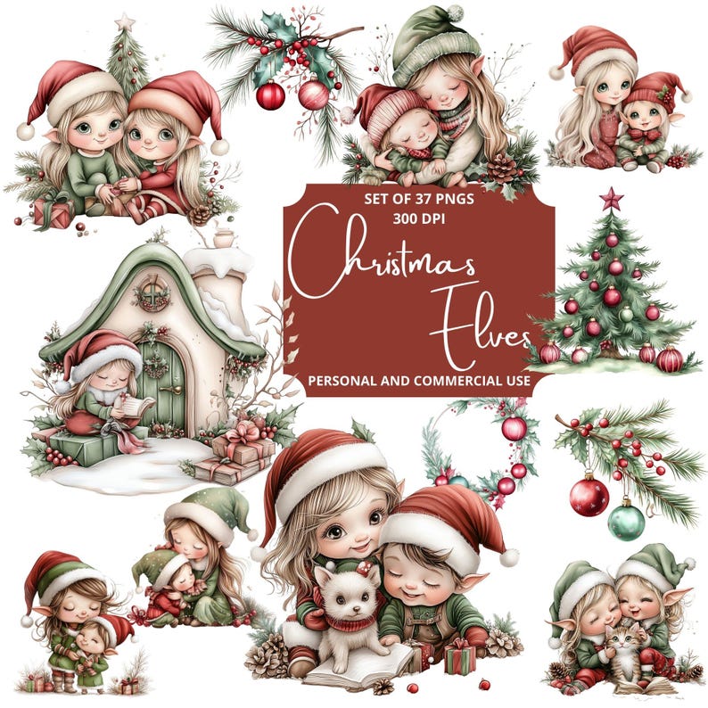 Christmas Elves Digital Clipart, Watercolor Elves, Cute Elves ...