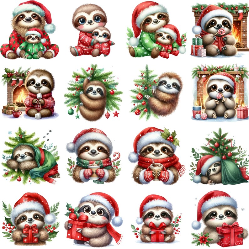 Christmas Sloths Digital Clipart, Watercolor Sloths, Cute Sloths, Baby ...