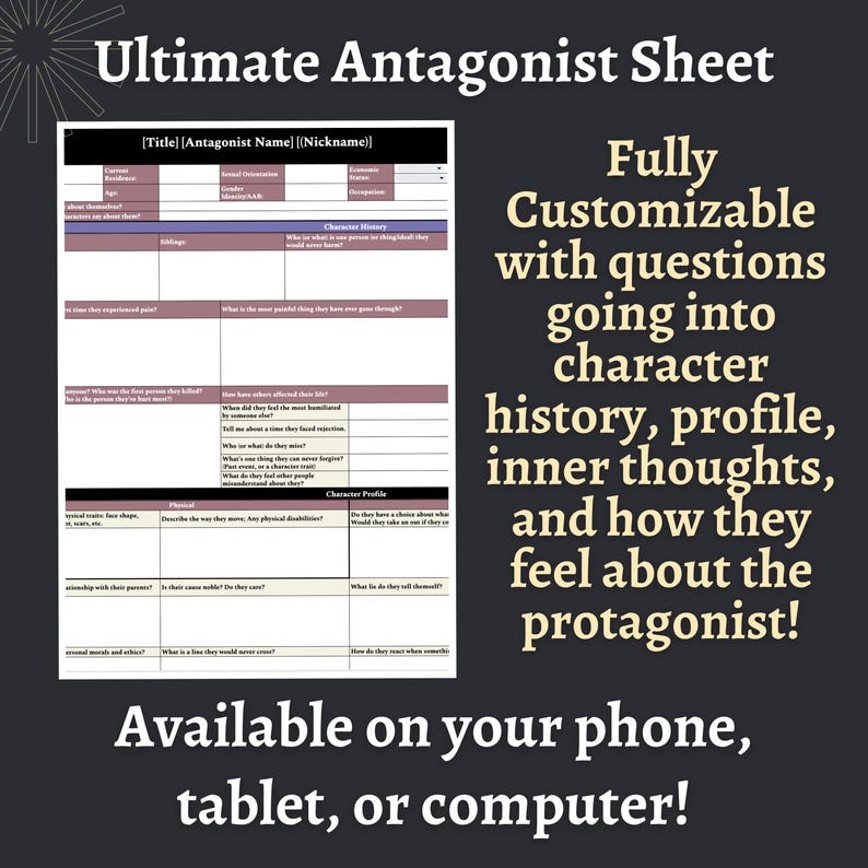 Villain Character Google Sheet Template for Writers, Gamers ...