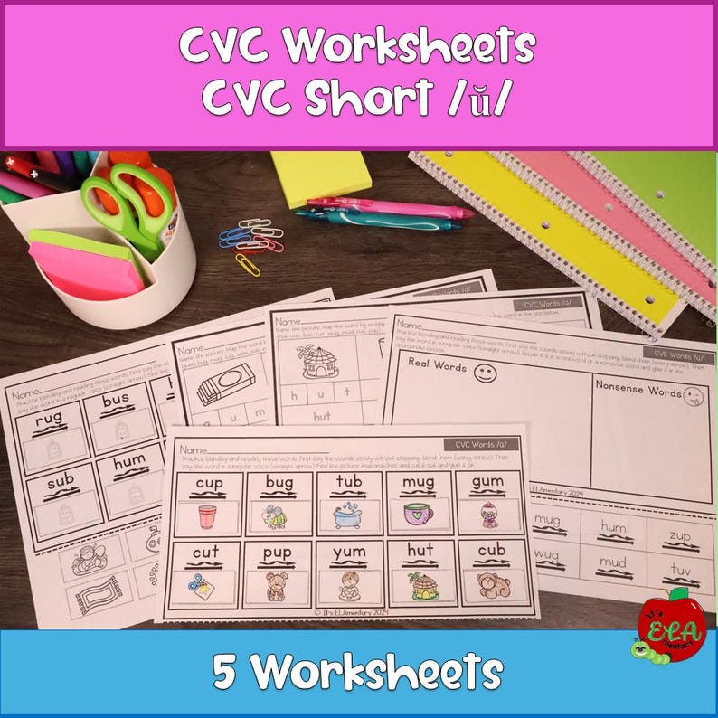 CVC Short U Worksheets - Etsy