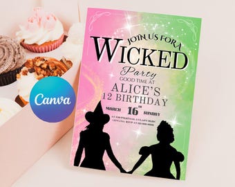 Wicked Birthday Invitation, Pink and Green Theme Party, Canva Template ...