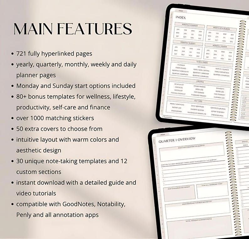 Undated Digital Planner: Goodnotes iPad & Android, 1000+ Stickers ...
