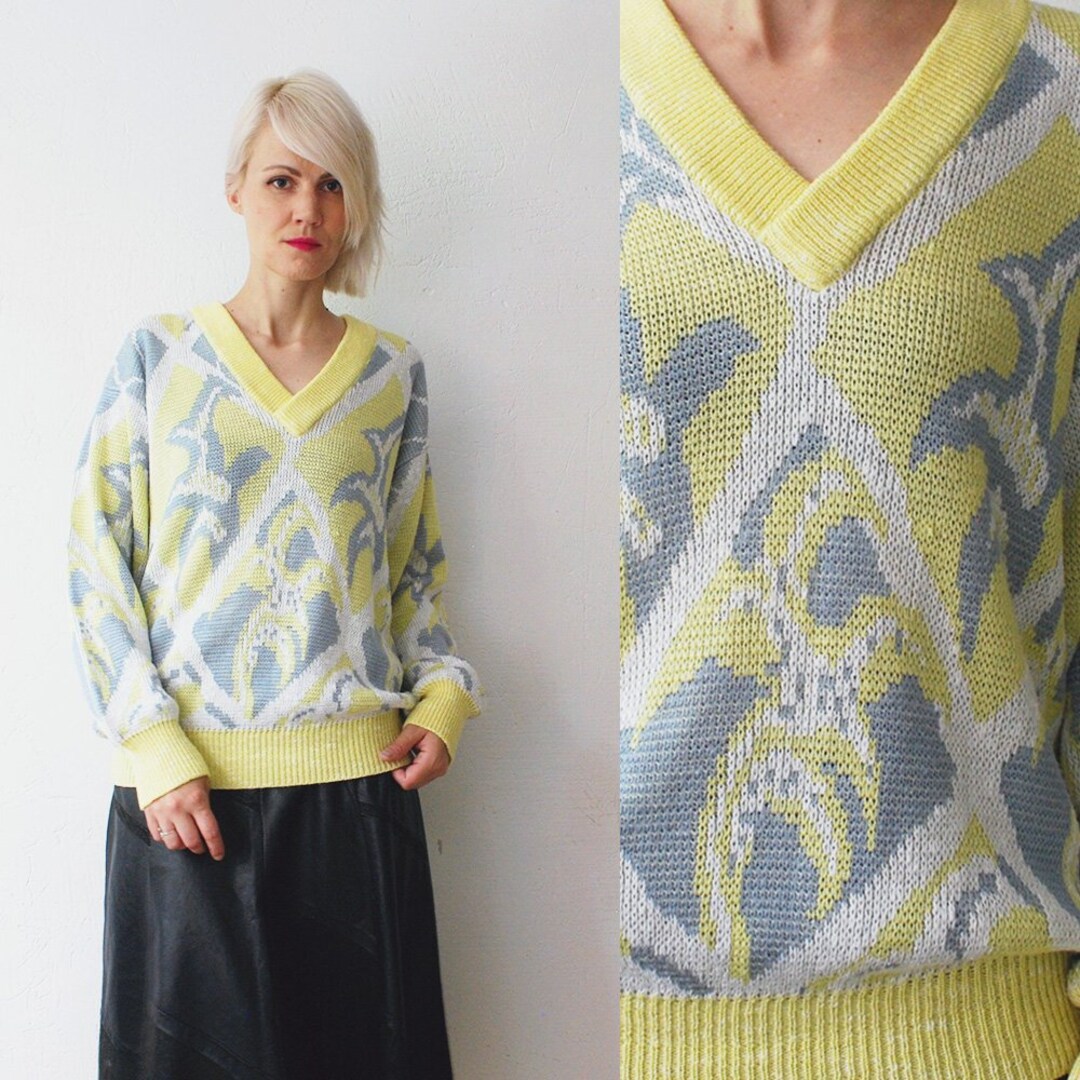 80s Slouch Pastel Sweater. Abstract Print Sweater. V Neck Sweater ...