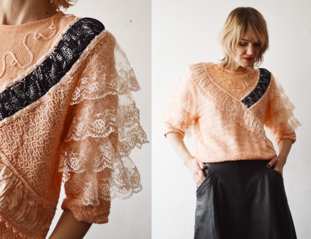80s Slouch Peach Knit Avantgarde Patchwork Sweater Top With Ruffle Lace ...