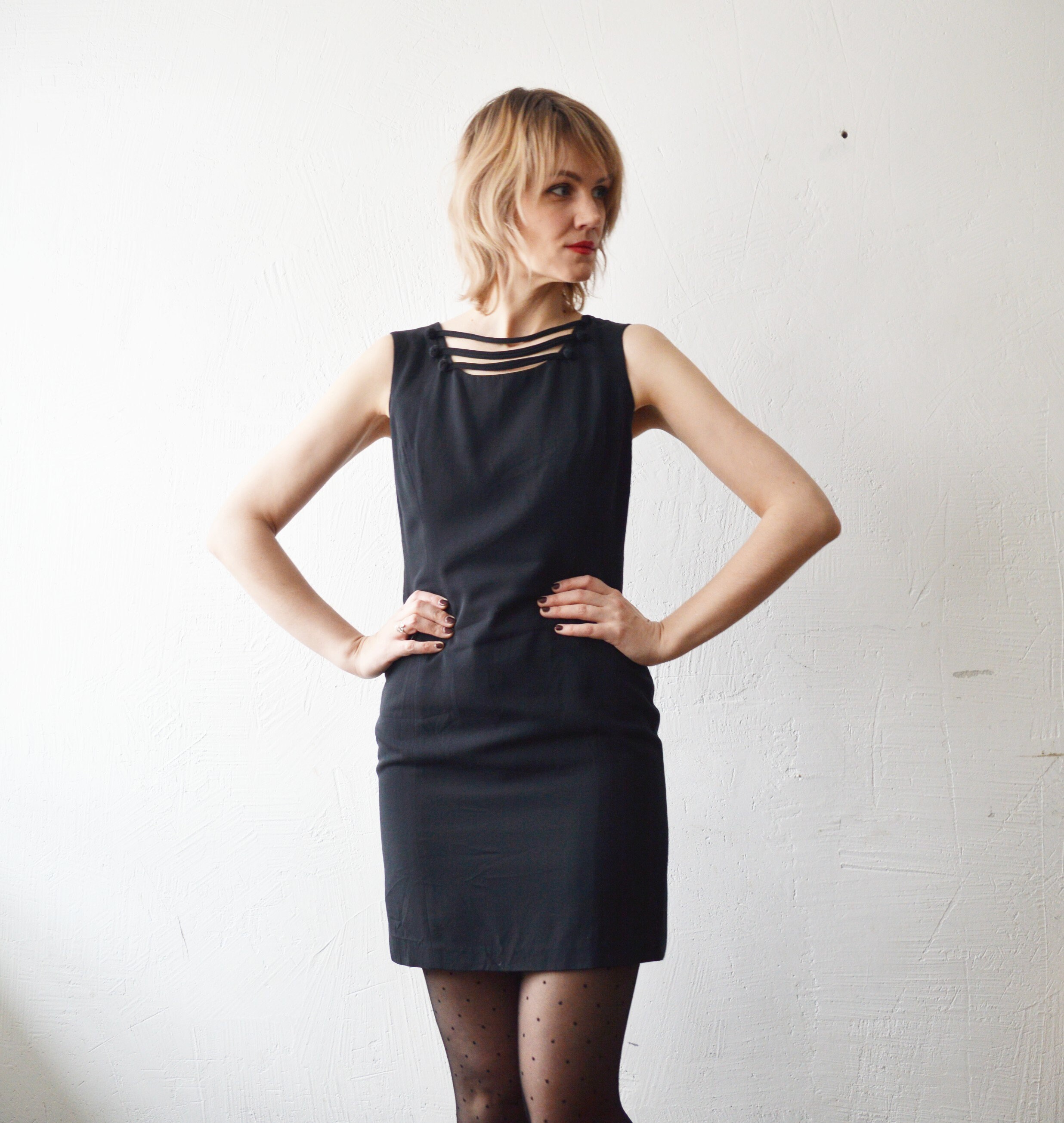 90s Cartoon Black Strappy Front Sleeveless Mini Dress Small to Medium ...