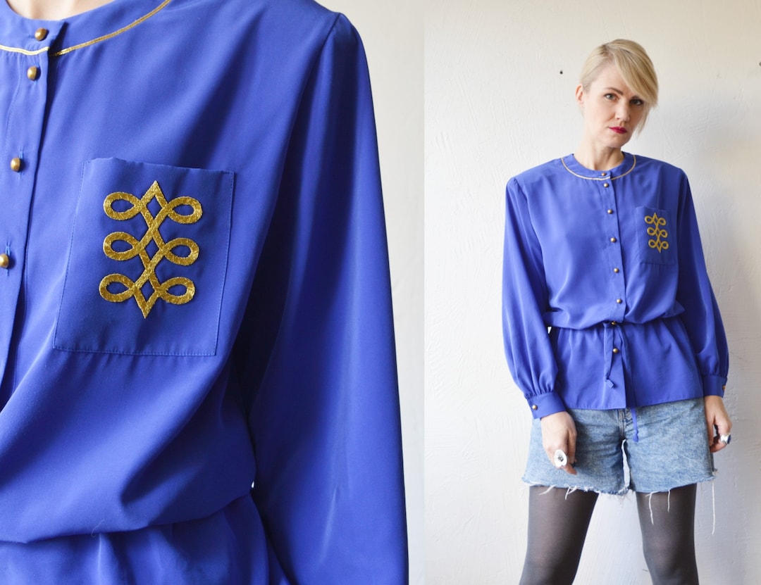 80s Finnish Vintage Oversized Electric Blue Silky Nautical Blouse ...