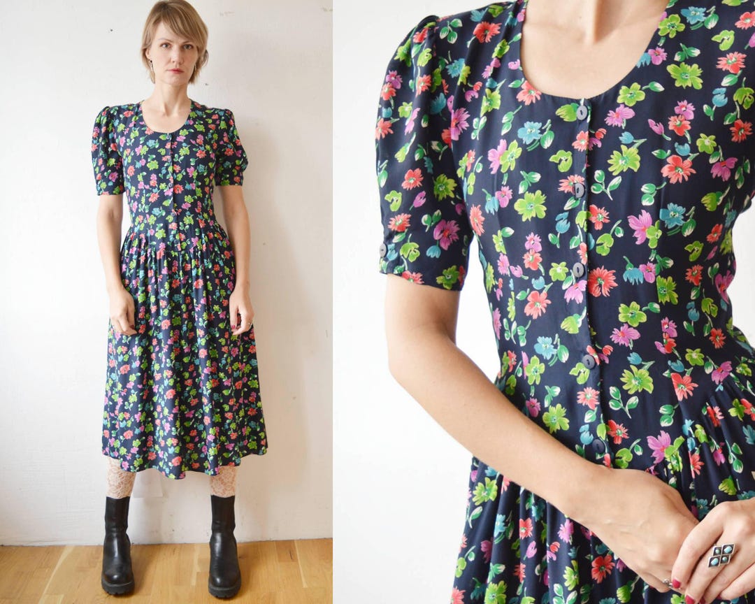 80s 90s Navy Floral Short Sleeve Buttoned Dummer Midi Dress ...