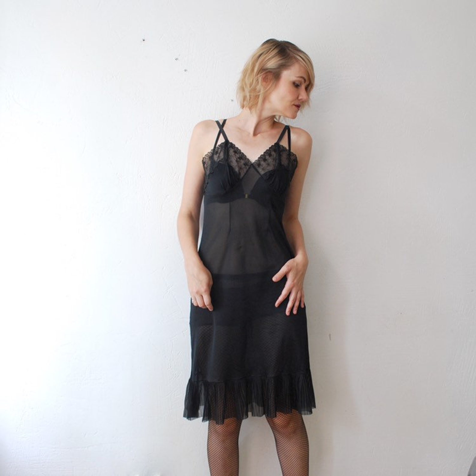 50s 60s Sheer Black Lace Slip Negligee With Pleated Hem. | Etsy