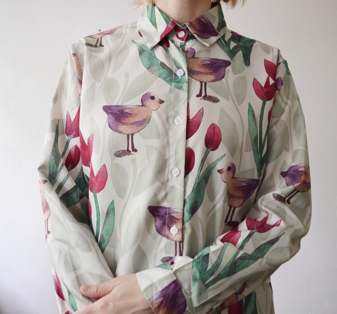 Novelty Button up Bird and Tulip Print Blouse Shirt - Medium, Large - Etsy