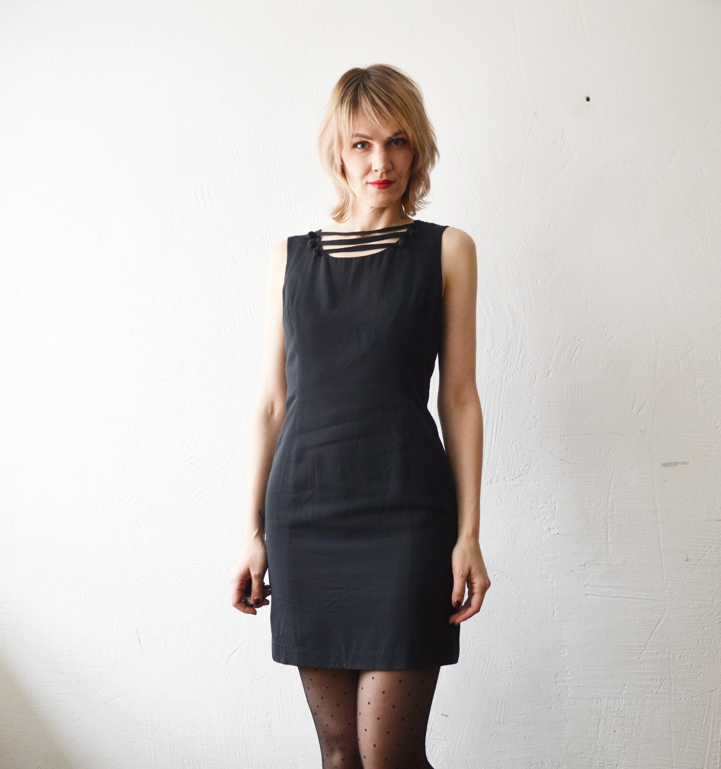 90s Cartoon Black Strappy Front Sleeveless Mini Dress Small to Medium ...