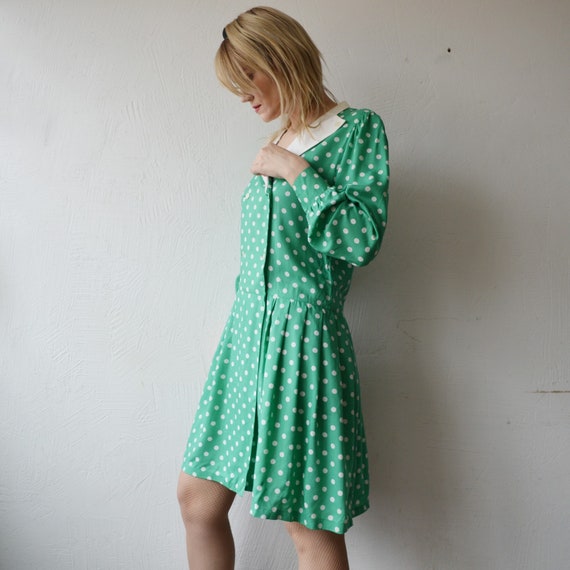 80s Emerald Green Polka Dot Dress Drop Waist Double … Gem