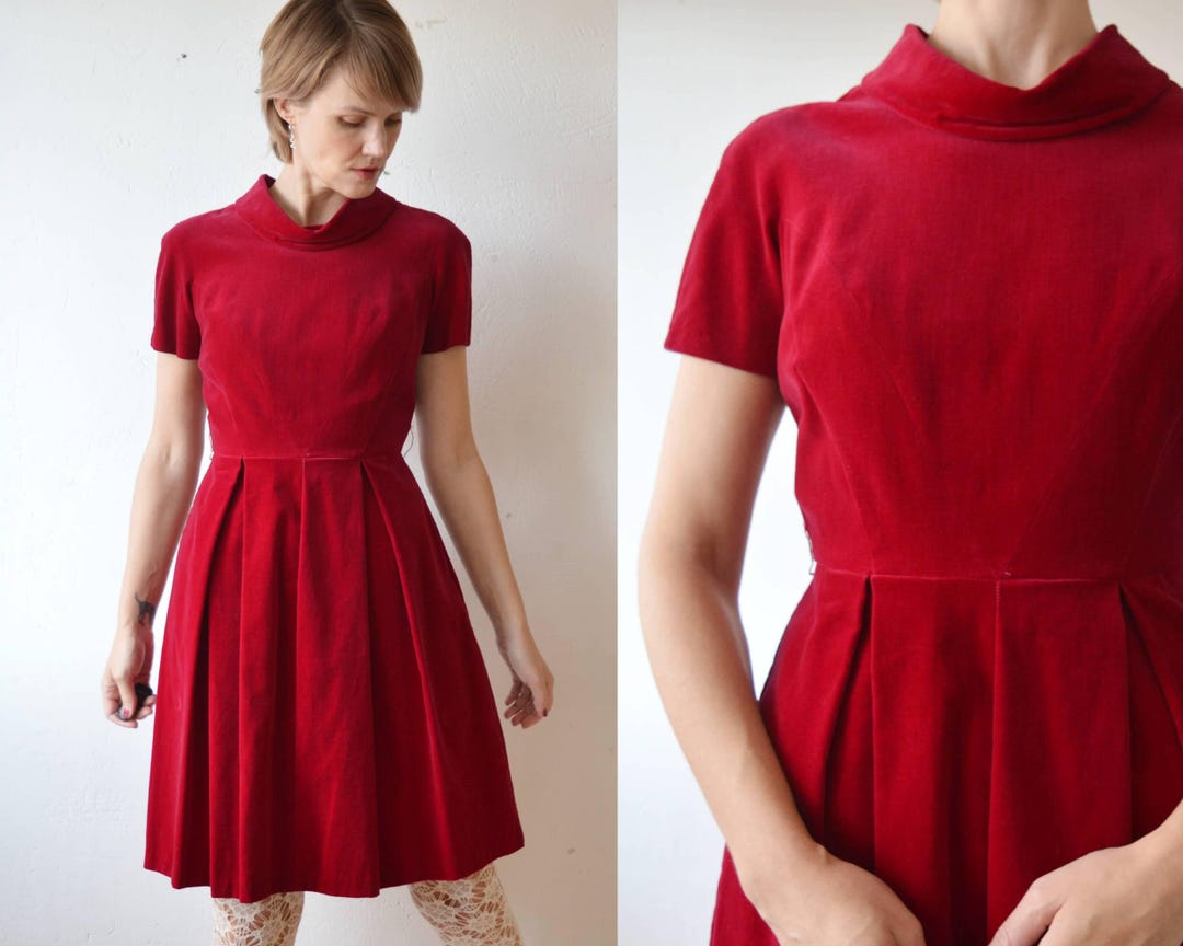 50s Dark Raspberry Red Velvet Dress. Full Knee Length Dress With Cowl ...