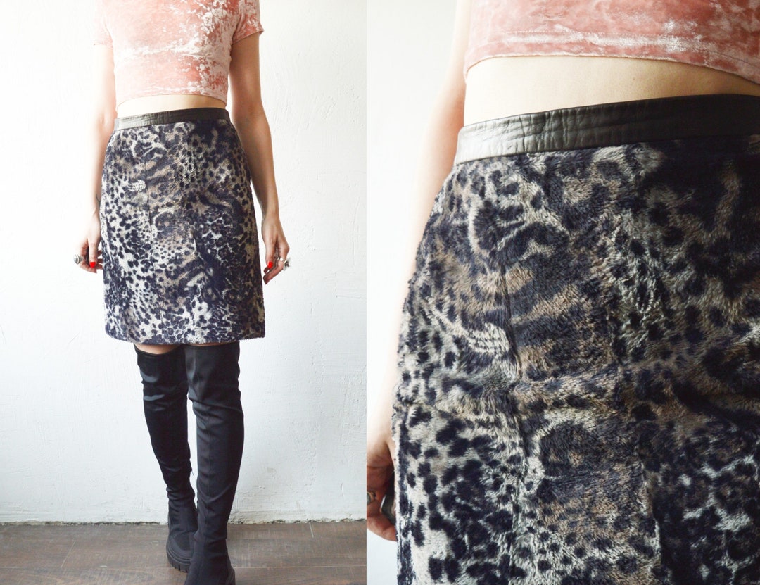 80s 90s Designer RENA LANGE Gray Animal Print Faux Fur and Leather Mini ...