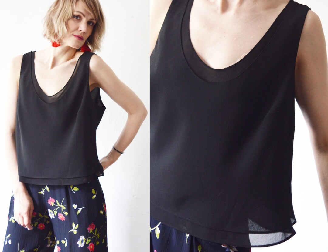 90s Minimialist Black Layered Crop Top. RIBKOFF Sheer Sleeveless Blouse ...