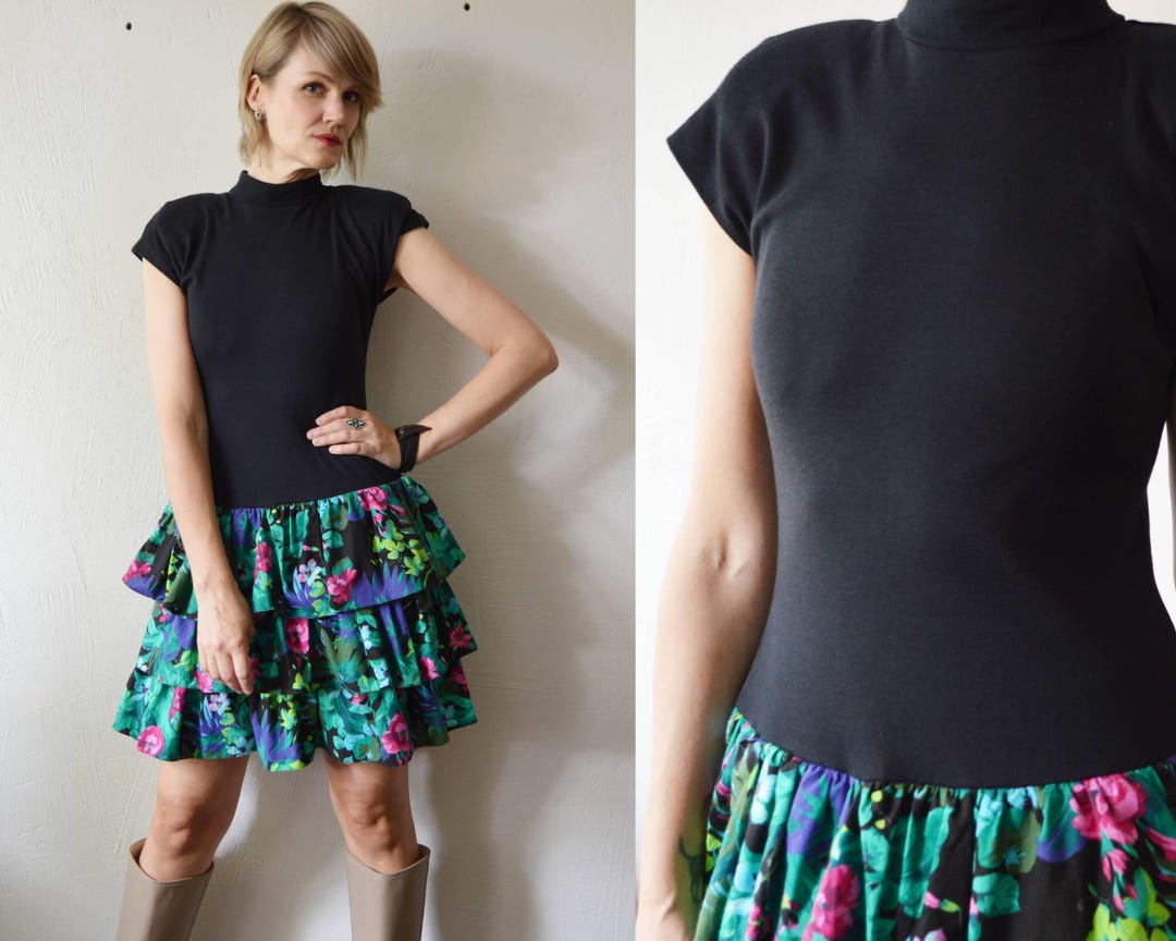 90s All That Jazz Black and Floral Sleeveless Ruffle Skirt Mini Dress ...