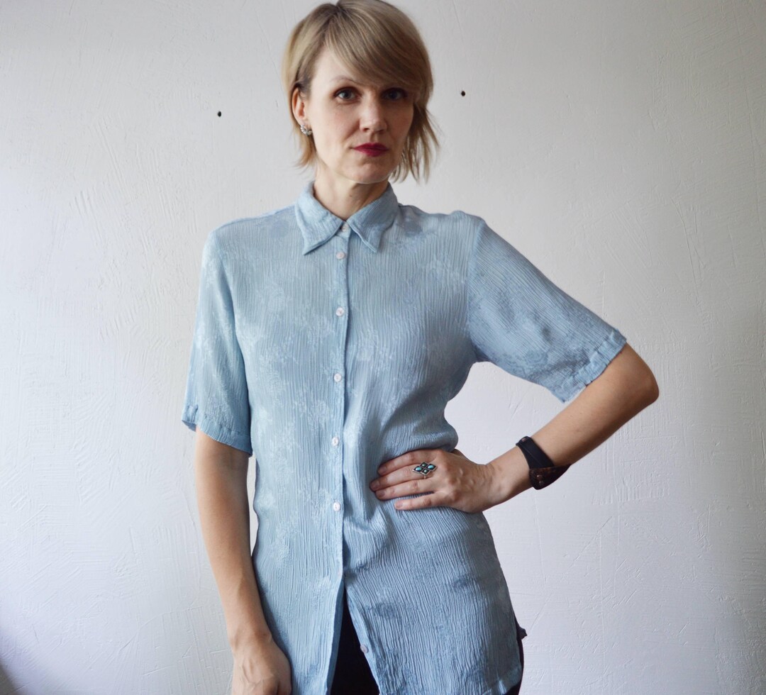 Textured Silky Baby Blue Button Front Short Sleeve Blouse - XS - Etsy