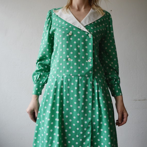 80s Emerald Green Polka Dot Dress Drop Waist Double … Gem