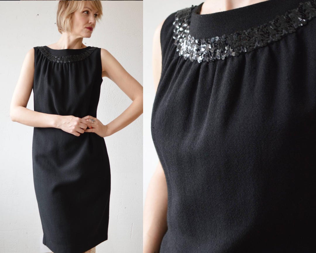60s Black Delicate Wool Shift Cocktail Dress With Sequin Neckline ...