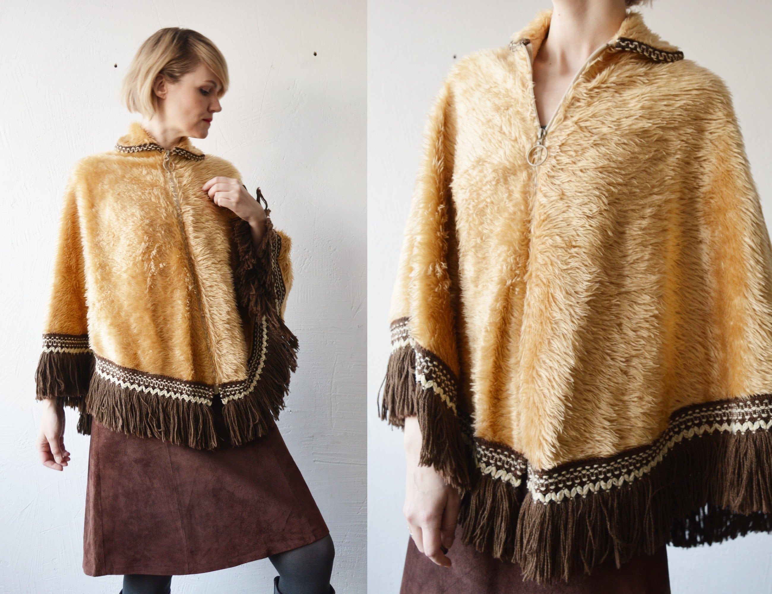 70s Hippie Boho Fuzzy Teddy Bear Cape With Peter Pan Collar - Etsy