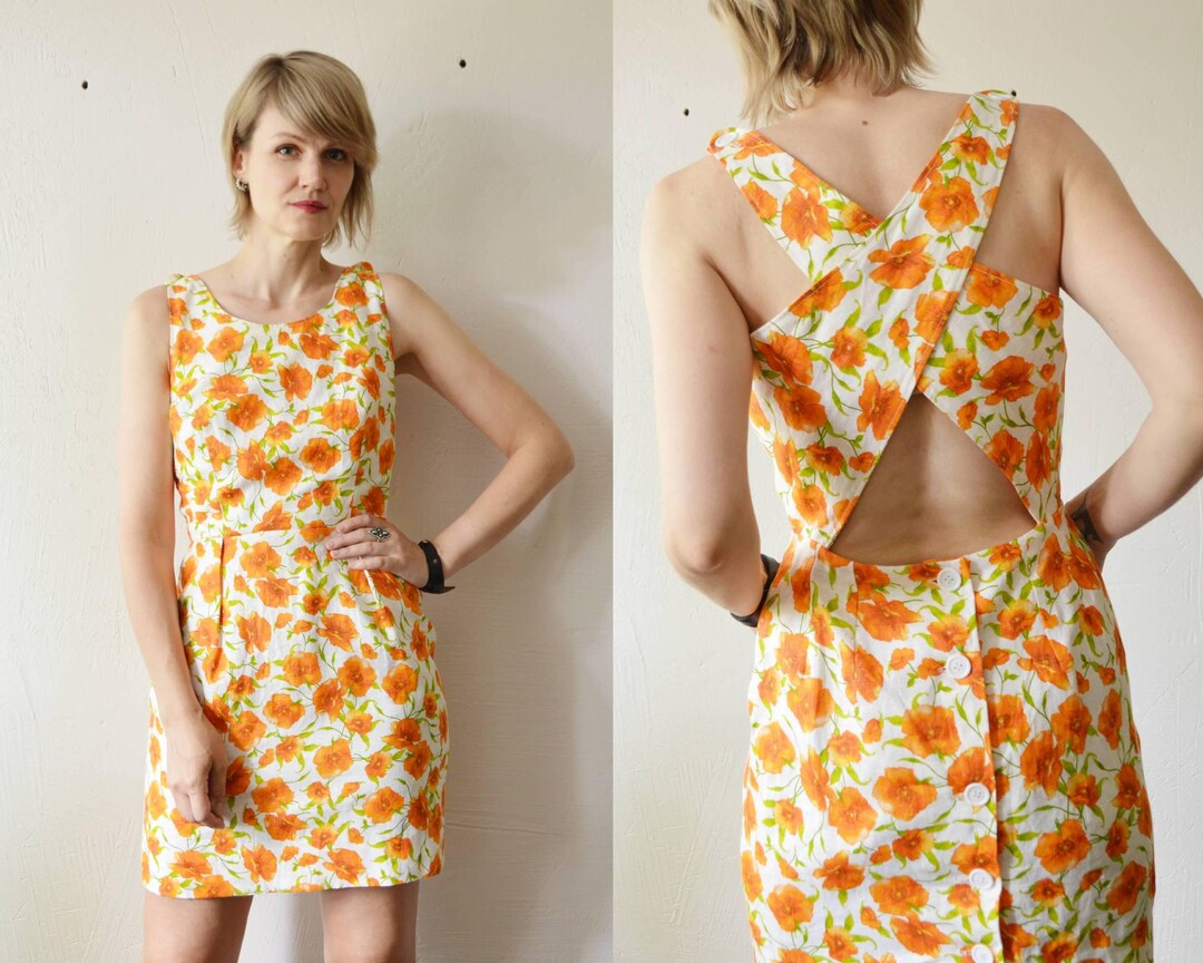 Vintage Floral Linen Summer Mini Dress With Cross Strap Back - Medium ...